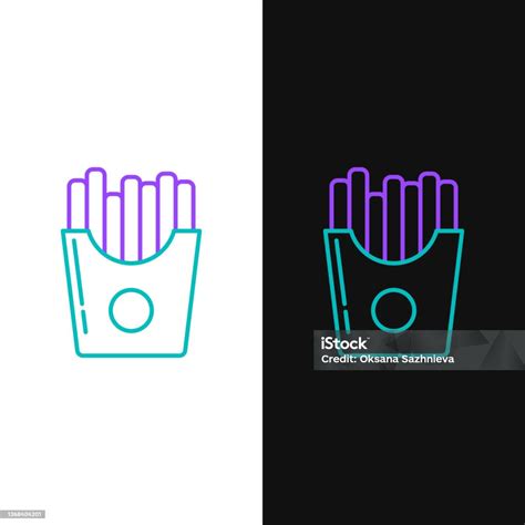 흰색과 검은 색 배경에 고립 된 판지 패키지 상자 아이콘에 녹색과 보라색 라인 감자 감자 감자 튀김 패스트 푸드 메뉴 벡터 일러스트레이션 감자 요리에 대한 스톡 벡터 아트