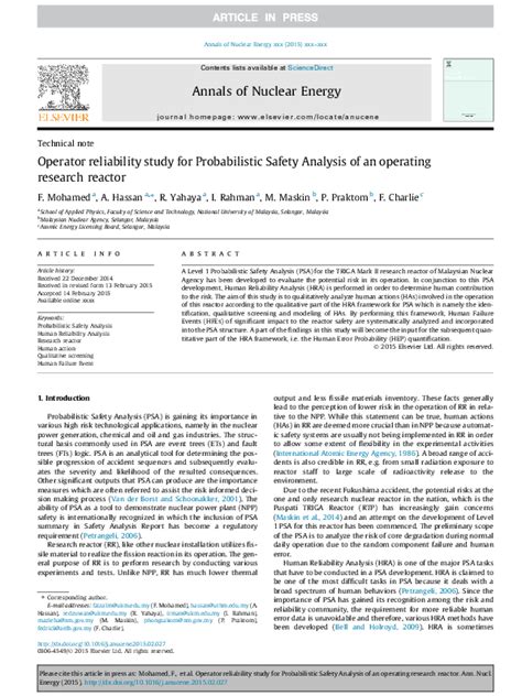 Pdf Operator Reliability Study For Probabilistic Safety Analysis Of An Operating Research Reactor