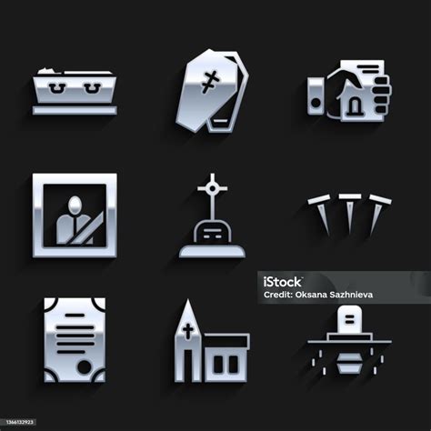 십자가 교회 건물 관 금속 손톱 죽음 증명서 애도 사진 프레임 손과 관 죽은 아이콘으로 무덤을 설정합니다 벡터 강철에 대한 스톡 벡터 아트 및 기타 이미지 Istock