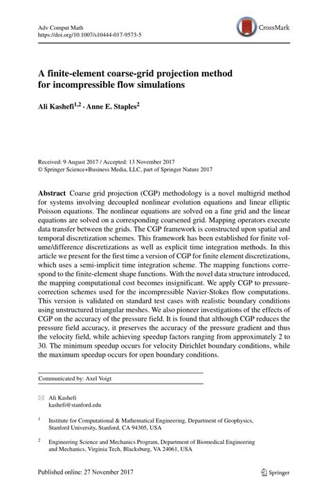 Pdf A Finite Element Coarse Grid Projection Method For Incompressible