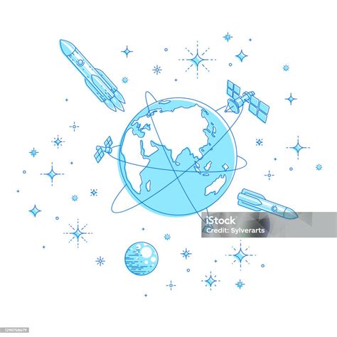 우주의 지구 인공 위성 로켓과 별에 둘러싸인 거대한 우주에서 우리의 행성 글로벌 통신 기술 테마 흰색으로 격리된 얇은 선 3d 벡터 일러스트레이션입니다 과학에 대한 스톡