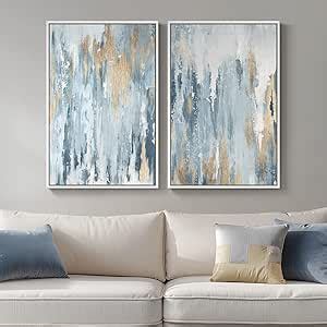 Large White Framed Blue And Gold Abstract Canvas Wall Art