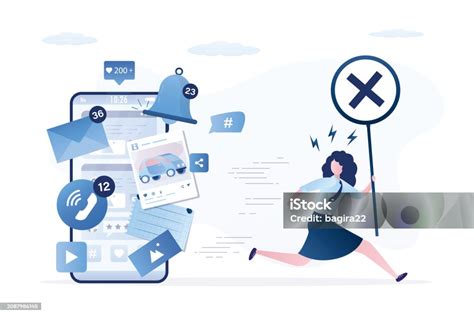 소셜 네트워크 피로 중독 젊은 여자가 도망 다니는 휴대 전화 스마트폰 화면에서 미디어 콘텐츠 앱 및 알림의 공유 및 사용을 중지합니다 가제트에 대한 의존도 알림 아이콘에