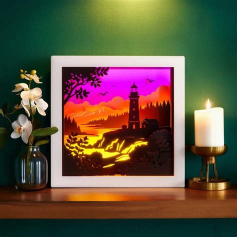 Lighthouse Sunset Shadow Box Svg 3d Paper Laser Cut Lightbox Coastal
