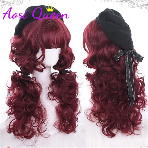 Liangmo 롱 웨이브 브라운 레드 오렌지 가발 앞머리 포함 로리타 코스프레 파티 내열성 합성 헤어 여성용 가발 Aliexpress