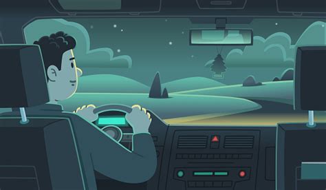 자동차 후방 뷰를 운전하는 남자 늦은 밤 여행 벡터 일러스트 레이 션 운전하기에 대한 스톡 벡터 아트 및 기타 이미지