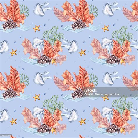 다채로운 바다 식물 수채화 그림의 매끄러운 패턴은 파란색으로 분리되어 있습니다 붉은 포르피린증 보라색 산호 해파리 손으로 그렸습니다 패키지 벽지 포장 섬유 배경 디자인 0