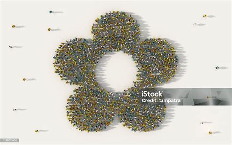 소셜 미디어와 흰색 바탕에 커뮤니티 개념에 꽃 기호를 형성 하는 사람들의 큰 그룹 위의 군중 그림의 3d 기호 함께 모여 3차원