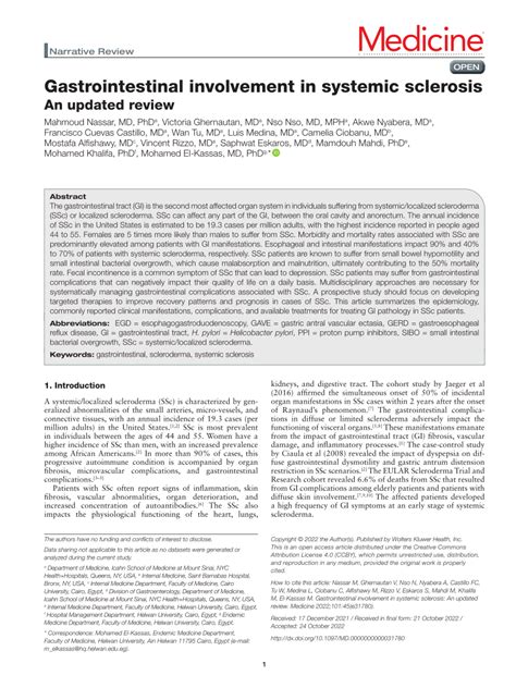 Pdf Gastrointestinal Involvement In Systemic Sclerosis An Updated Review