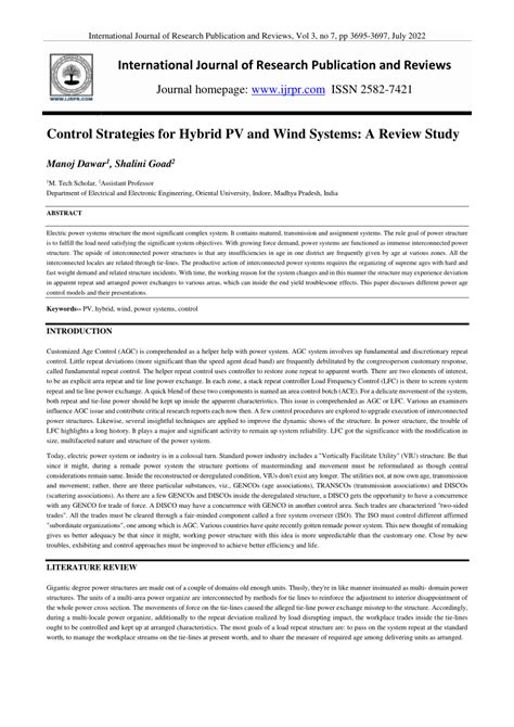 PDF Control Strategies For Hybrid PV And Wind Systems A Review Study