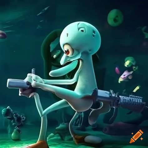 Super Mario Battling Squidward Tentacles With A Machine Gun On A
