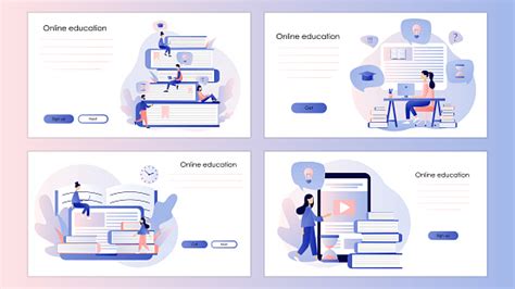 온라인 교육 모바일 스마트 폰 랜딩 페이지 템플릿 Ui 웹 모바일 앱 포스터 배너 및 전단지 용 화면 템플릿입니다 플랫 스타일입니다 벡터 일러스트 노트북에 대한 스톡 벡터