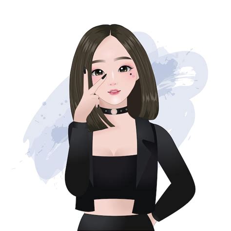 평화 기호 손 제스처를 보여주는 유행 복장에 귀여운 소녀 예쁜 여자 K Pop 아이돌 개념 프리미엄 벡터