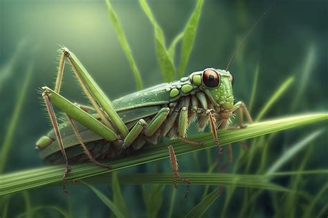 Premium Photo A Large Green Grasshopper Sits On A Green Leafy Plant