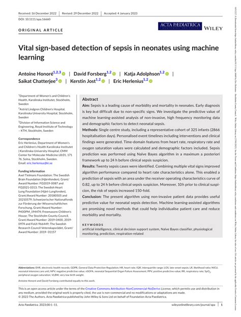 Pdf Vital Sign Based Detection Of Sepsis In Neonates Using Machine Learning