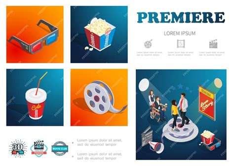 3d 안경 팝콘 소다 영화 릴 영화 감독 배우 확성기 클래퍼 보드 아이소 메트릭 시네마 구성 무료 벡터