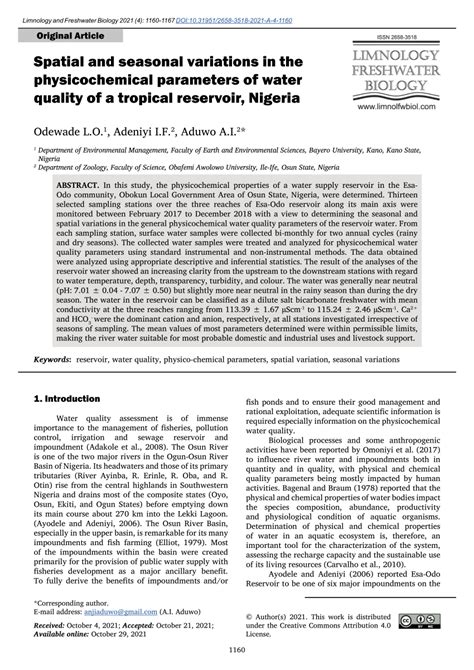 Pdf Spatial And Seasonal Variations In The Physicochemical Parameters