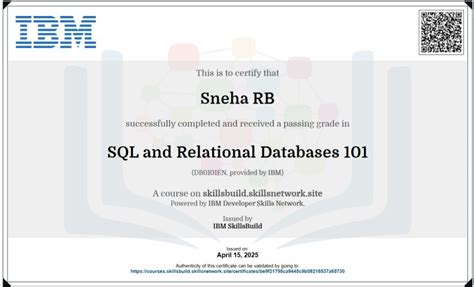 Ibm Sql And Relational Database 101 Certificate By Ibm I Have Sneha Bodhane