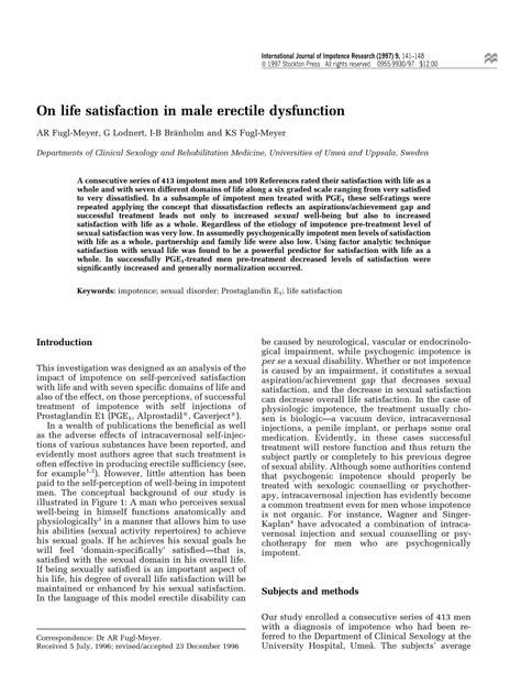 Pdf On Life Satisfaction In Male Erectile Function