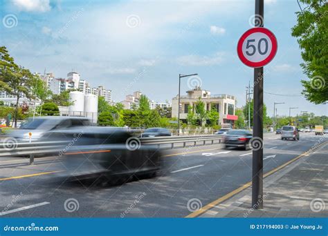Traffic Signs Speed Limit On The Road Stock Image Image Of Travel Movement 217194003