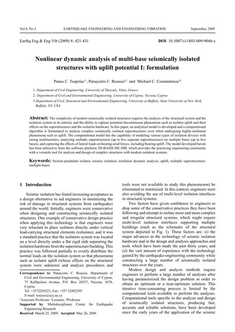 Pdf Nonlinear Dynamic Analysis Of Multi Base Seismically Isolated Structures With Uplift