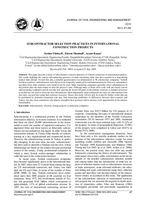 Pdf Subcontractor Selection Practices In International Construction