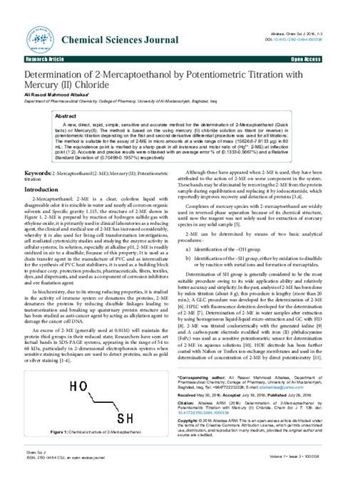 Pdf Determination Of 2mercaptoethanol By Potentiometric Titration With Mercury Ii Chloride