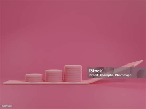 분홍색 위쪽 화살표와 동전은 재정적 성공과 성장 개념을 쌓습니다 분홍색 배경 3d 렌더링 그림 0명에 대한 스톡 사진 및 기타 이미지 Istock