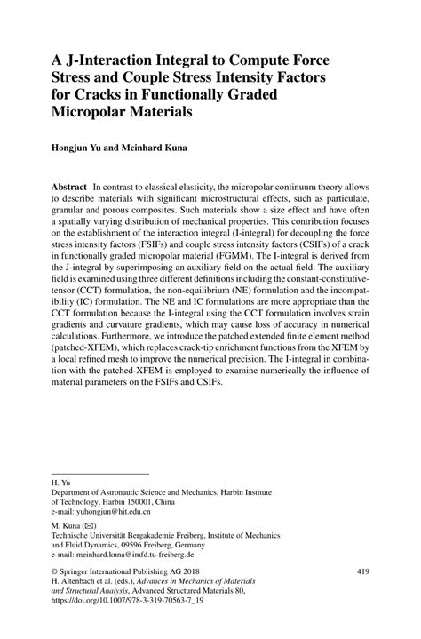 Pdf A J Interaction Integral To Compute Force Stress And Couple