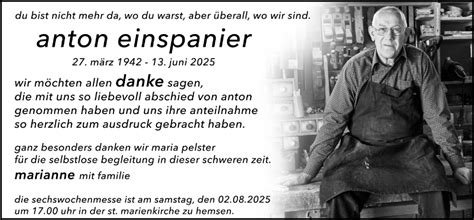Traueranzeigen Von Anton Einspanier Noz Trauerportal