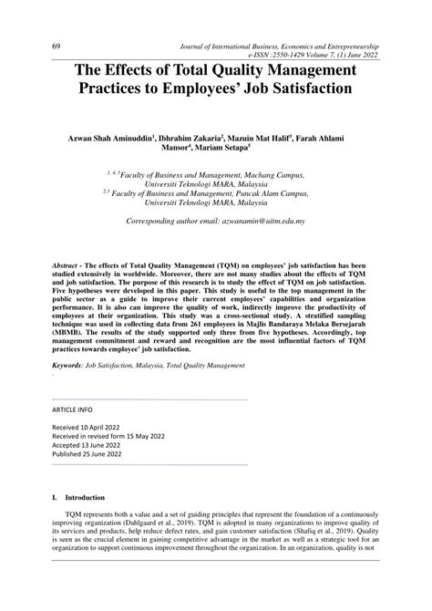 (PDF) The Effects of Total Quality Management Practices to Employees' Job Satisfaction