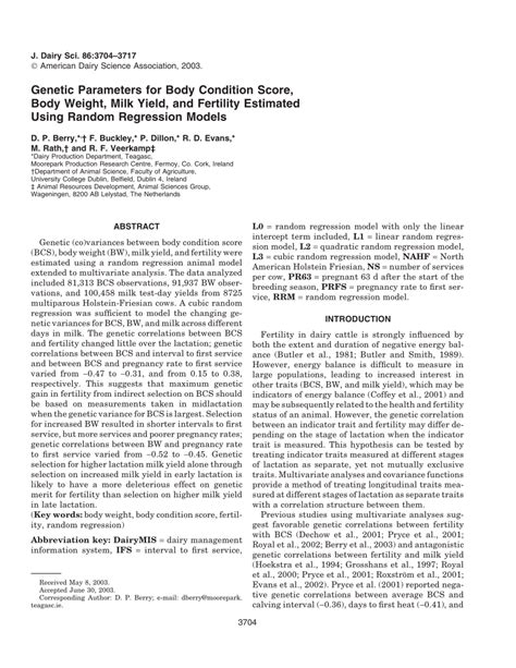 Pdf Genetic Parameters For Body Condition Score Body Weight Milk Yield And Fertility