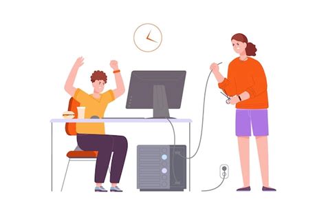 Premium Vector Trouble Game Addiction Video Game Addiction Adolescent Angry Mom Cuts Computer