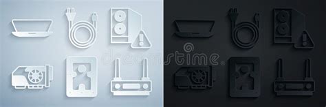 Set Hard Disk Drive Hdd Case Of Computer Video Graphic Card Router And Wi Fi Signal Electric