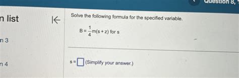 solved solve the following formula for the specified