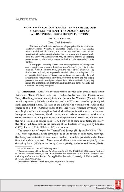 Pdf Rank Tests For One Sample Two Samples And K Samples Without The Assumption Of A
