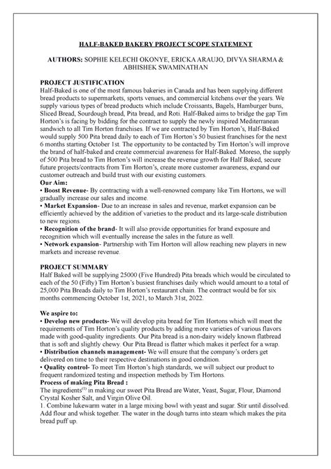 scope bakery assignment half baked bakery project scope statement