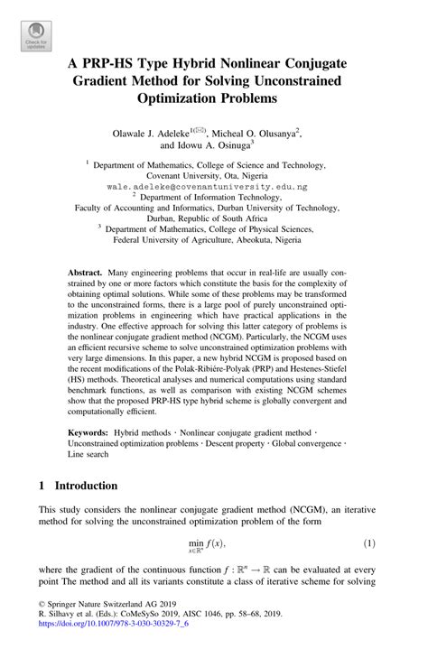 Pdf A Prp Hs Type Hybrid Nonlinear Conjugate Gradient Method For Solving Unconstrained