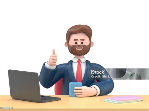 웃는 사업가 밥의 3d 일러스트 레이 션 직장에서 컴퓨터에서 일하는 행복하고 활기찬 여성3d 흰색 배경으로 렌더링합니다 입체 이미지에 대한 스톡 사진 및 기타 이미지