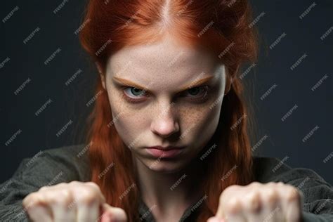 Premium Photo Fierce Displeased Serious Redhead Girl Shows Clenched