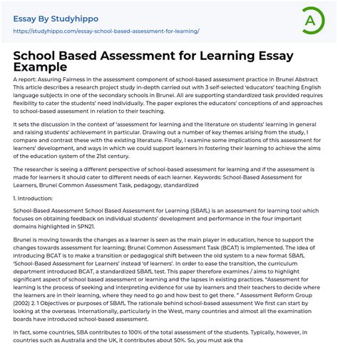 School Based Assessment For Learning Essay Example School Based Assessment For Learning Essay Example