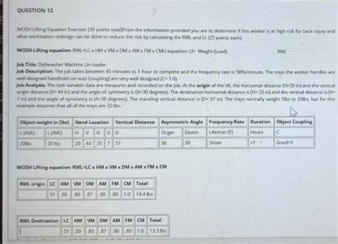 question 12 rwl niosh lifting equation exercise 50