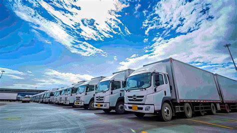 A Parking Lot For Trucks With Trailers Near The Warehouse Building A Background Of Blue Sky