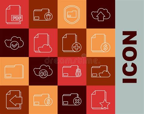 Set Line Document With Star Cloud Storage Text Document Folder Finance Protection Check Mark