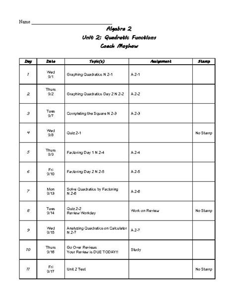algebra 2 unit 2 assignment sheet classful