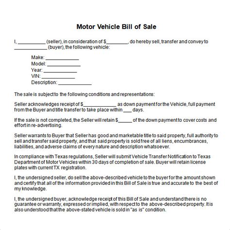 Free Vehicle Bill Of Sale Template Word