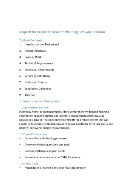 Demand Planning Software Solution Rfp Request For Proposal Template Pdf