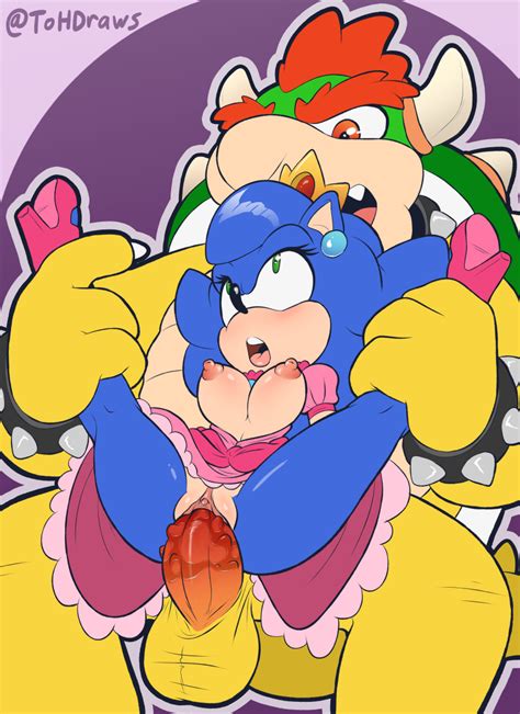 Rule 34 Anthro Areola Balls Big Breasts Blue Fur Bowser Breasts Clothing Crossover Duo Erect