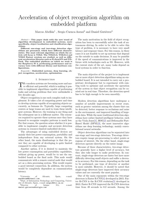 Pdf Acceleration Of Object Recognition Algorithm On Embedded Platform