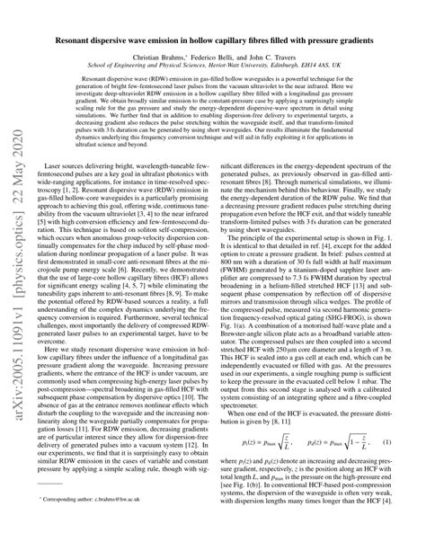 Pdf Resonant Dispersive Wave Emission In Hollow Capillary Fibres Filled With Pressure Gradients